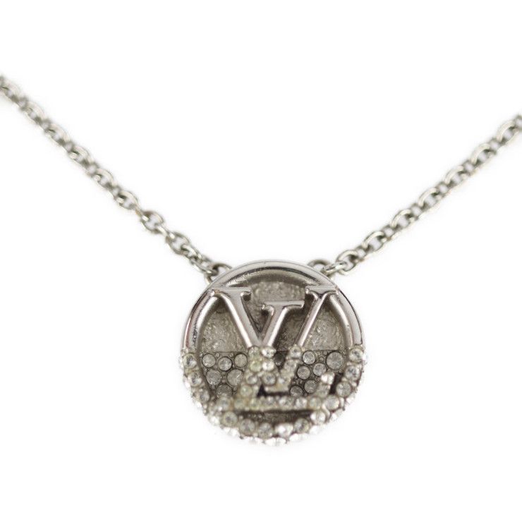 LOUIS VUITTON ルイ ヴィトン ネックレス M69641 メタル ラインストーン シルバー サークル ロゴ Vネックレス チェーン ...