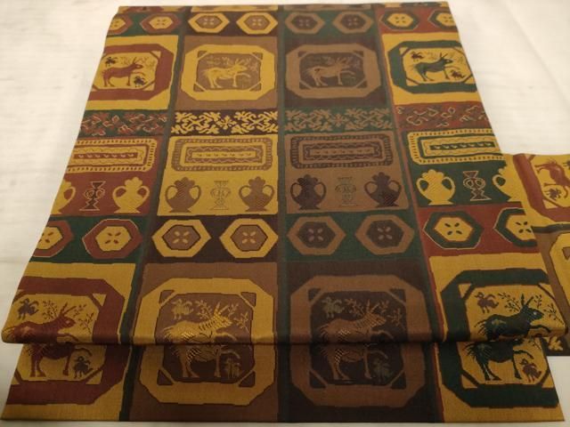 平和屋着物○八寸名古屋帯 紬地 市松吉祥文 金糸 正絹 逸品