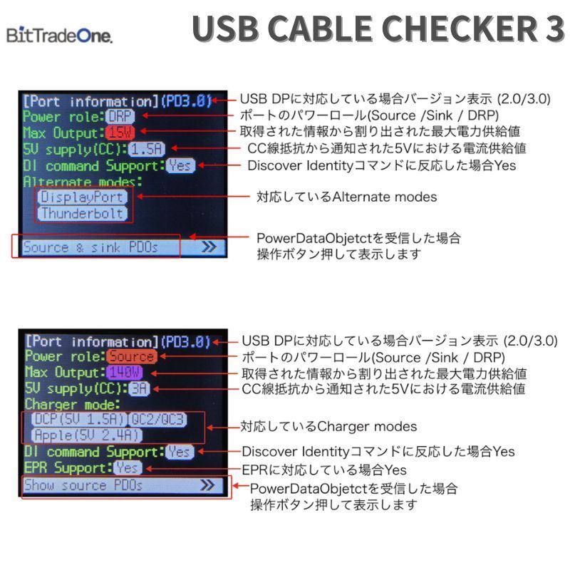 USB Cable Checker3 ケーブルチェッカー3 UCC3 E-Marker/PD3.1 240W給電 確認USB4 / USB3 ...