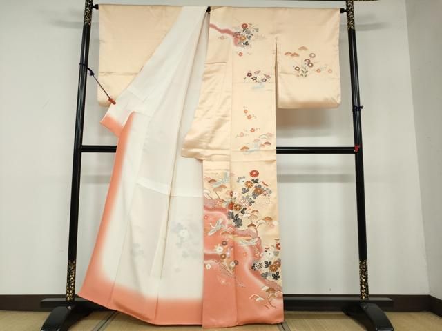 平和屋着物●訪問着　飛鶴花文　暈し染め　金銀彩　正絹　逸品　DABA1173ps 平和屋着物○訪問着 刺繍 飛鶴草花文 暈し染め 金彩 正絹 逸品