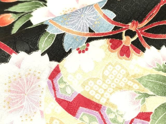 平和屋着物○小振袖 二尺袖 花鞠文 黒地 洗える着物 DAAY2476op - メルカリ