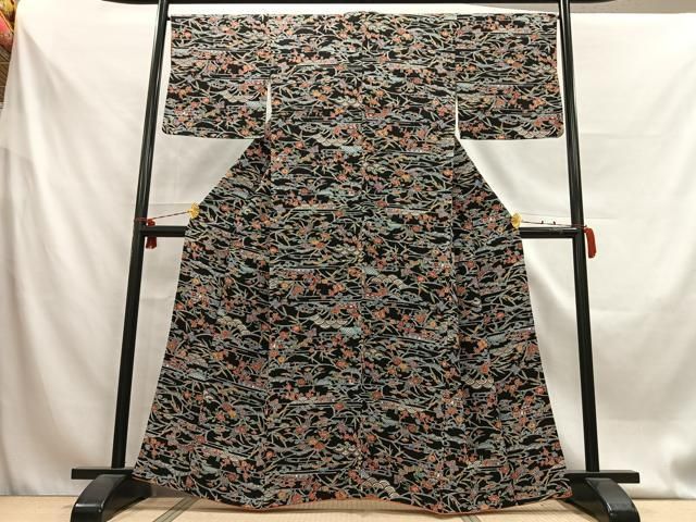 平和屋着物□上質な小紋 型染め 風景文 黒地 正絹 逸品 AAAZ3709mf