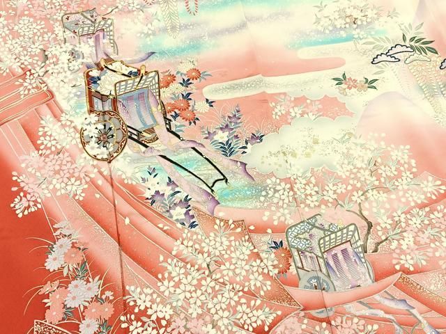 平和屋着物□豪華振袖 駒刺繍 束ね熨斗御所車桜文 たたき染め 平和屋着物□豪華振袖 駒刺繍 束ね熨斗御所車桜文 たたき染め