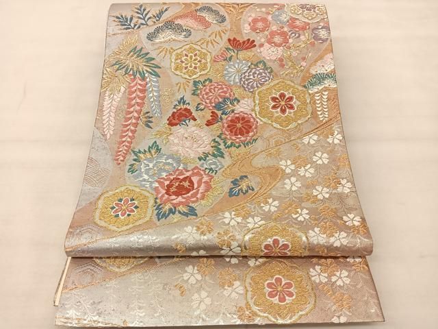 平和屋着物＊夏物 六通柄袋帯 エ霞草花文 金糸 正絹 逸品