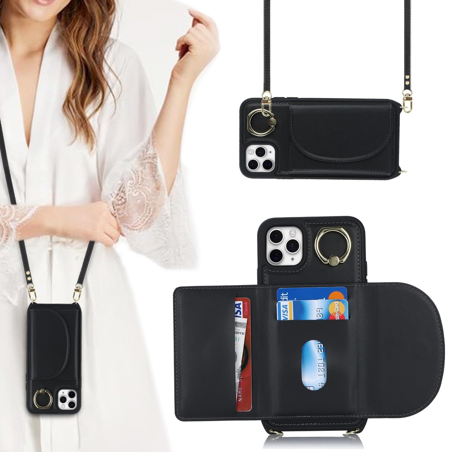 【新着商品】Cavor iPhone11 Pro Maxスマホ 携帯ケース 肩掛け 首かけ 斜めがけショルダーケースiPhone11 Pro Max 手帳型ケース 背面ポケット付きき ミラー ...