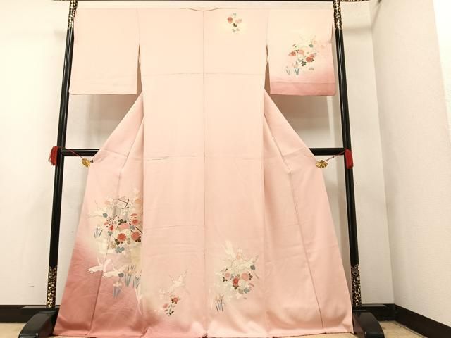 平和屋着物□訪問着 群鶴草花文 暈し染め 金彩 正絹 逸品