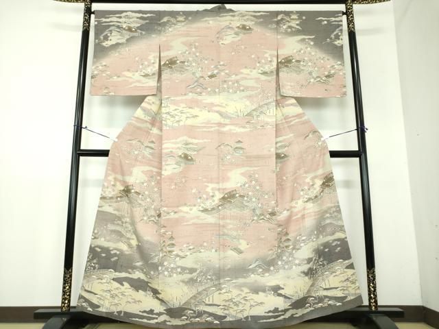 平和屋着物○生紬 訪問着 風景花文 金彩 鈴乃屋扱い 正絹 逸品