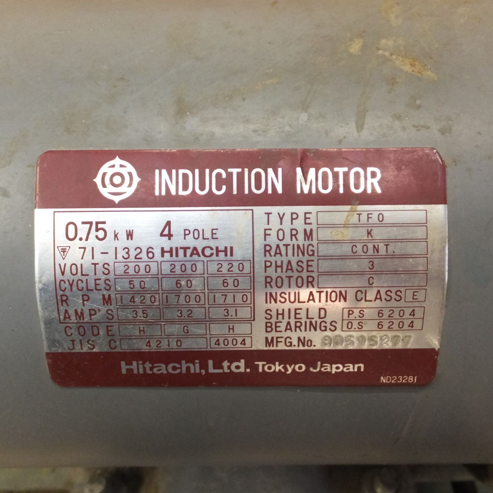 [送料無料] ★日立 HITACHI インダクションモーター TFO-K 三相 200V 50/60Hz 0.75kW 4POLE★ - メルカリ