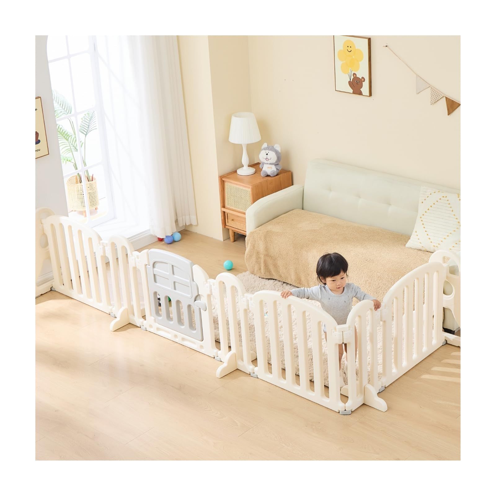 【特価セール】GU MODE ベビーゲート 置くだけ ベビーサークル キッズパーテーション ベビーフェンス ペットゲート 簡単設置 折りたたみ ロングパネル おしゃれ (グレー・ベージュ 幅 ...