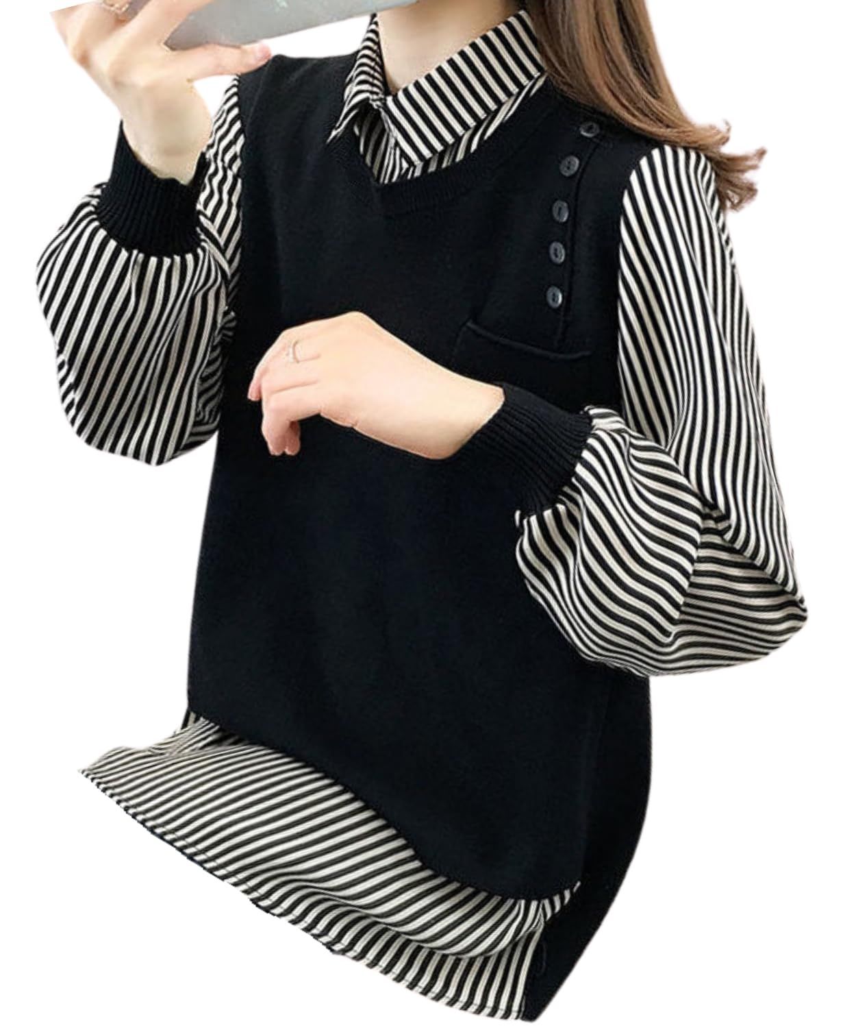 [Elixio] [エリクシオ] トップス レディース ブラウス シャツ ストライプ 重ね着風 長袖 ニットベスト おしゃれ レイヤード ...