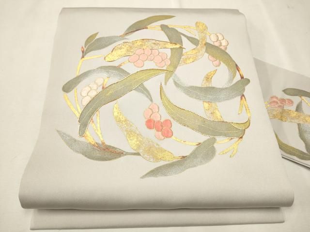 平和屋着物○塩瀬 九寸名古屋帯 駒刺繍 葡萄蔦の葉文 金彩 正絹 逸品