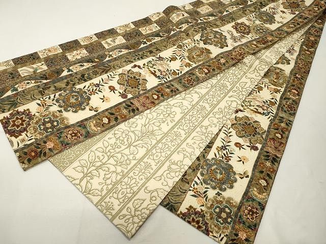 平和屋-こころ店□太鼓柄袋帯 草花文様更沙 金銀糸 正絹 逸品