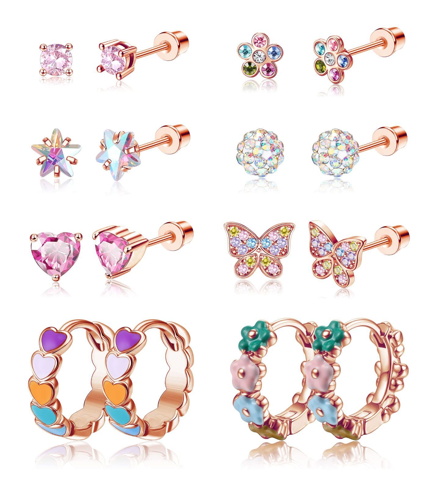 [JeryWe] 16個女性のためのハイポアレルギーネジバックイヤリング316Lステンレス鋼ハートCZフラワーバタフライネジスタッドイヤリング ...