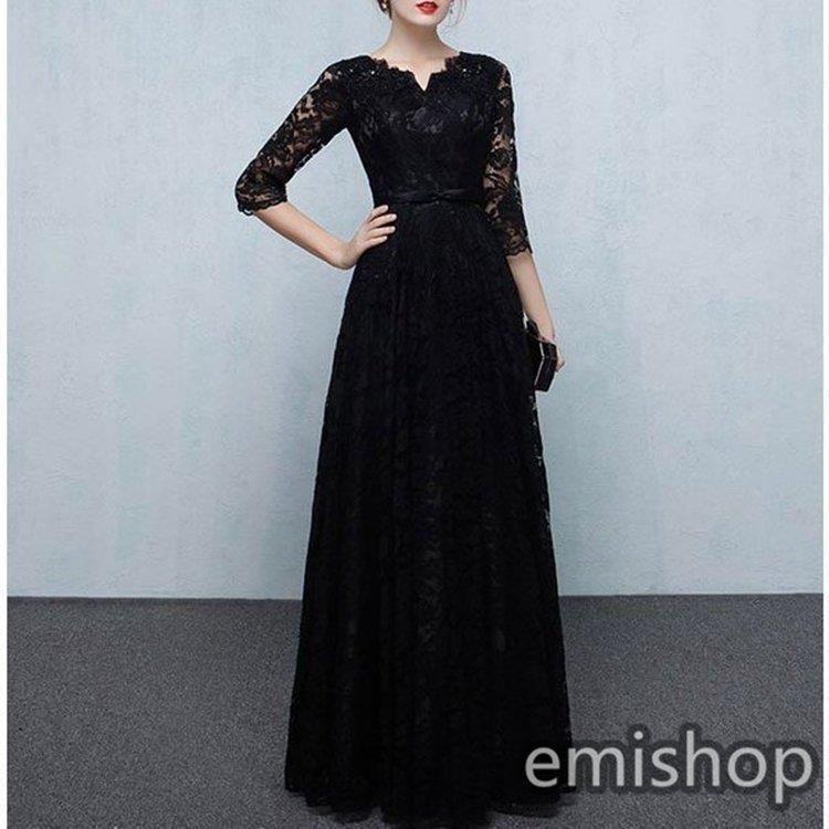 ロング丈レースドレス黒ブラック着痩せ7分袖パーティードレス結婚式
