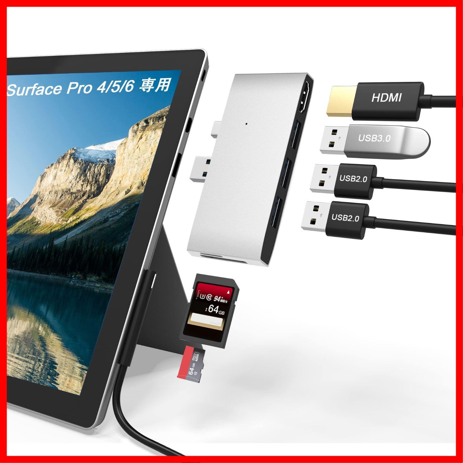 Surface Pro 6 / Pro 5 / Pro 4 USB ハブ 4K@30Hz HDMI + USB 3.0 + USB 2.0 ...