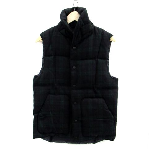 グリーンレーベルリラクシング ユナイテッドアローズ green label relaxing ダウンベストジャケット ミドル丈 スタンドカラー チェック柄 M モスグリーン 紺 ネイビー ...