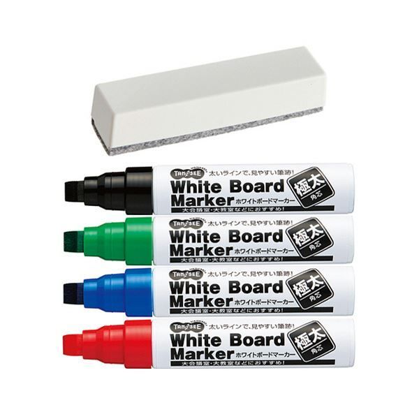 （まとめ） TANOSEEホワイトボードマーカー 極太 4色（黒・赤・青・緑）+抗菌マグネットイレーザーセット 1セット - メルカリ