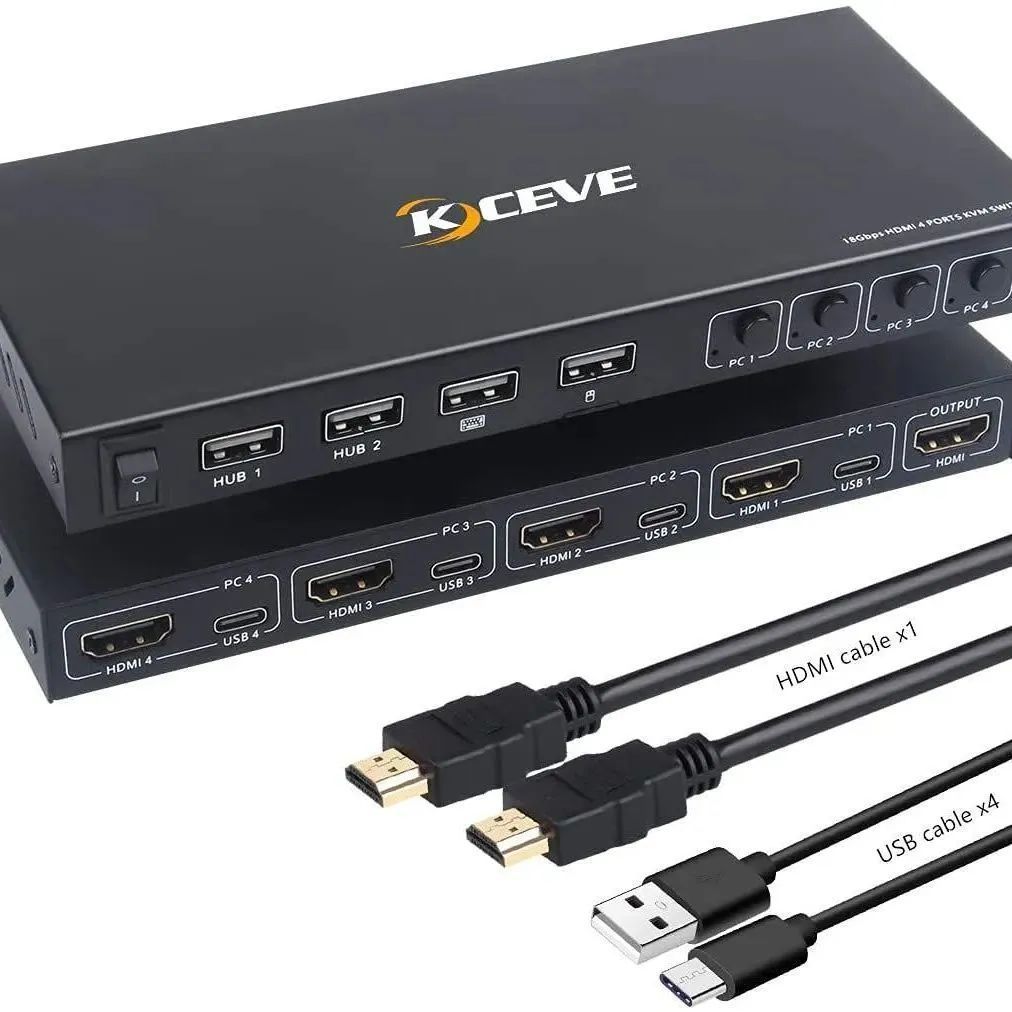 KCEVE 新モデルUSB HDMI KVM切替器、PC切替器 4入力1出力、4K@60Hz超高精細解像度、4つのUSB2.0ハブ付きのUSBスイッチセレクター、4PC共有4USB2.0 ...