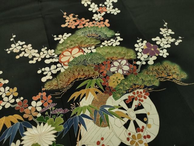 平和屋着物○アンティーク 大正ロマン 黒留袖 駒刺繍 吉祥花車文 金彩