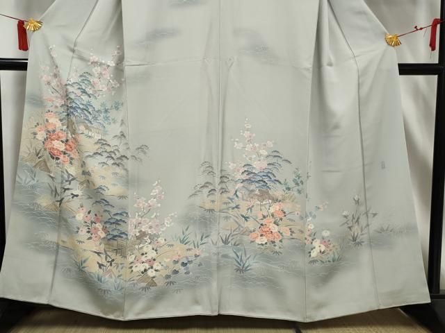 平和屋着物○訪問着 友禅 作家物 流水草花文 正絹 逸品 AAAT5160ck