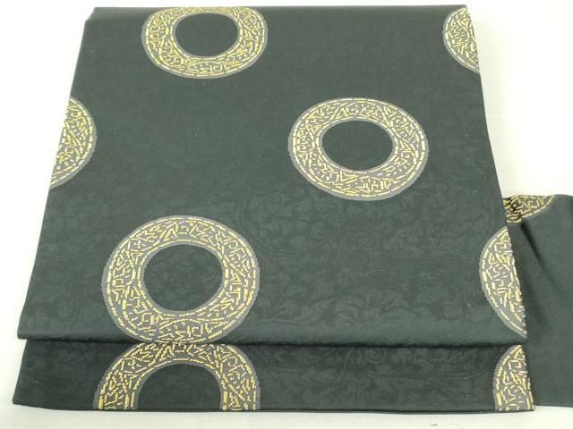 平和屋着物○九寸名古屋帯 抽象丸文 黒地 金糸 三越扱い 正絹 逸品