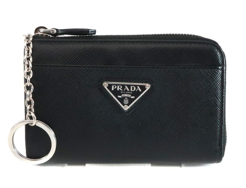 PRADA プラダ RFID 現行モデル サフィアーノ トライアングル キーケース コインケース コンパクト財布 ブラック 1PP122 ...