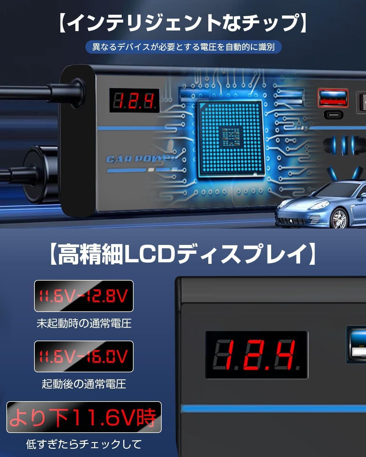 Vexify【カーインバーター 200W】車 コンセント 車載用インバーター DC12VをAC110Vに変換 インバーター 合計9ポート 電圧 ...