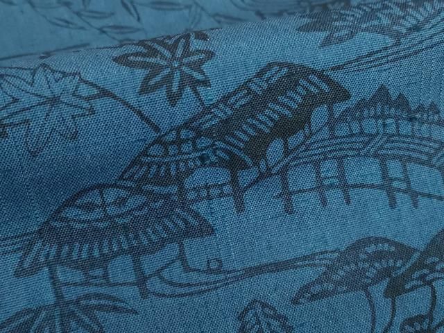 平和屋着物□本藍 型絵染 小紋 紬地 風景花文 正絹
