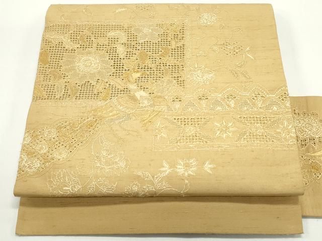 平和屋着物○中国三大刺繍 相良刺繍 総刺繍 九寸名古屋帯 紬地 成り物