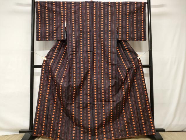 平和屋着物▽上質な紬 単衣 格子間道 黒地 正絹 逸品 CAAV3159ut