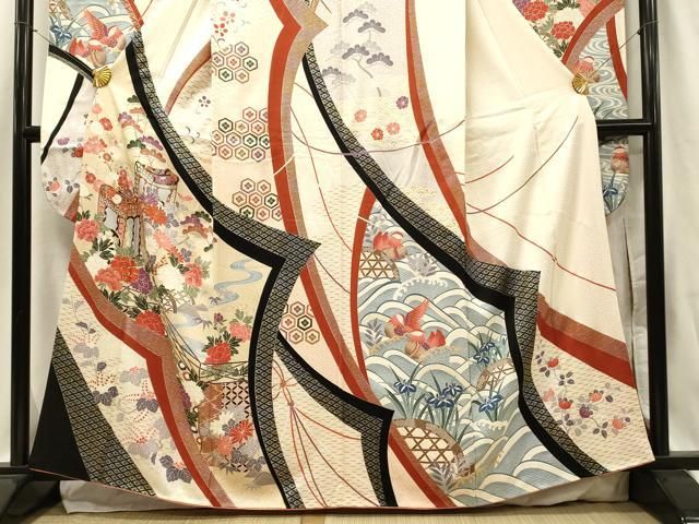 平和屋着物▽お召　単衣　色紙重ね文　十字絣　正絹　逸品　AABD0228fy 平和屋着物▽お召 単衣 色紙重ね文 十字絣 正絹 逸品 AABD0228fy｜