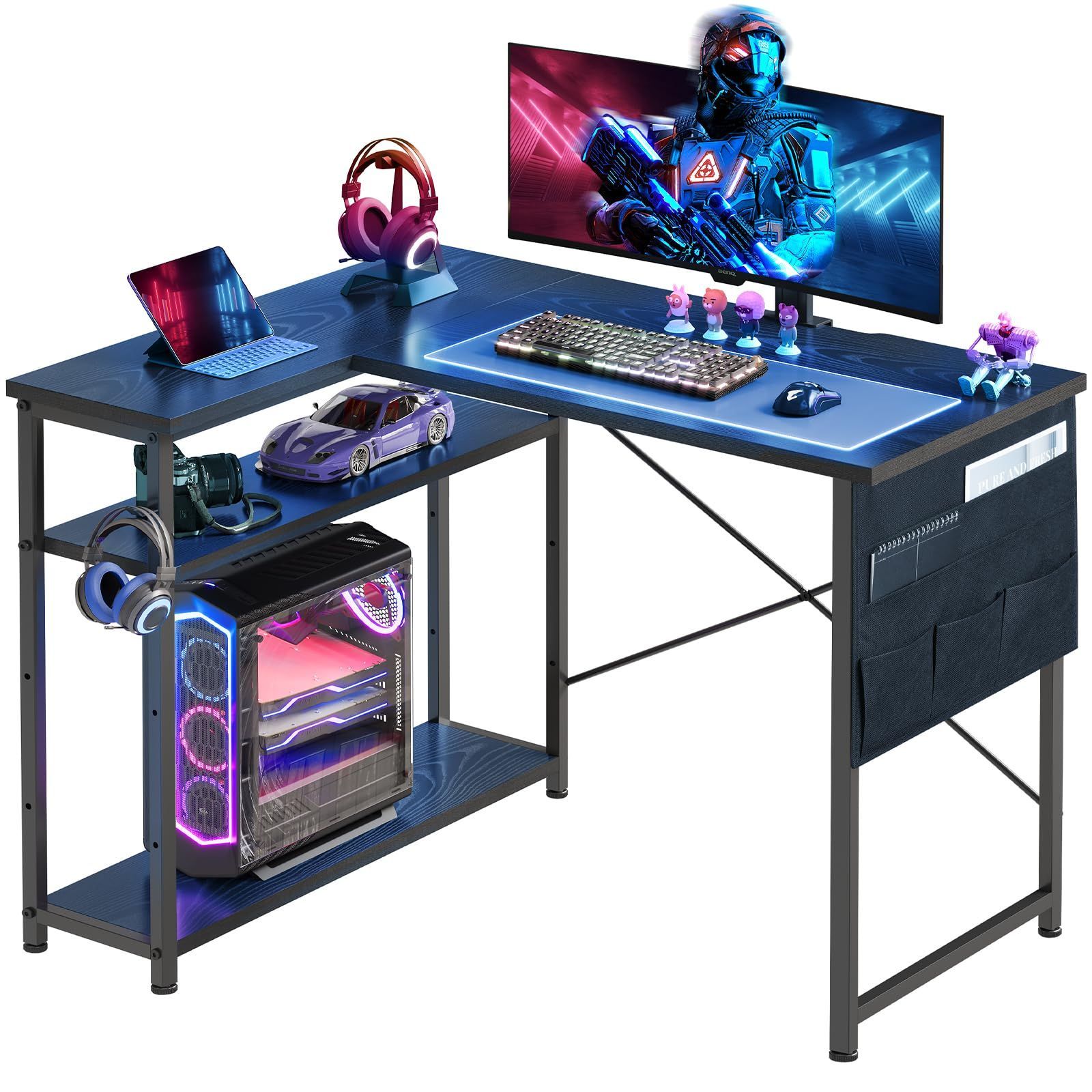 【新着商品】ゲームデスク リモートワーク 在宅ワークデスク ラック付き 勉強机 L字型 作業机 棚板高さ調節可能 つくえ コーナーデスク desk 幅99cm 黒い 右棚左棚 l字デスク ...