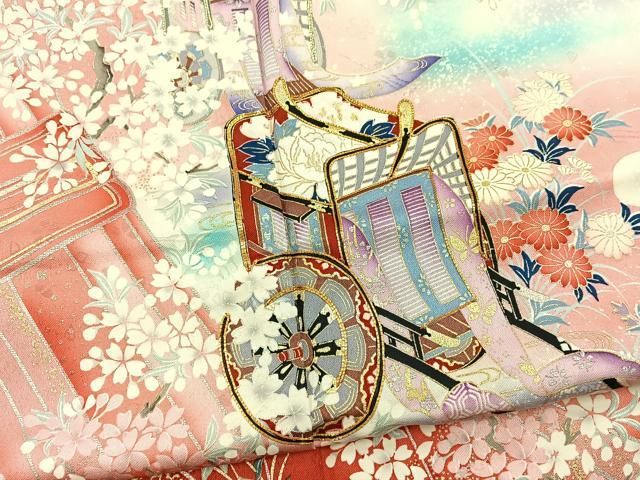 平和屋着物□豪華振袖 駒刺繍 束ね熨斗御所車桜文 たたき染め 平和屋着物□豪華振袖 駒刺繍 束ね熨斗御所車桜文 たたき染め