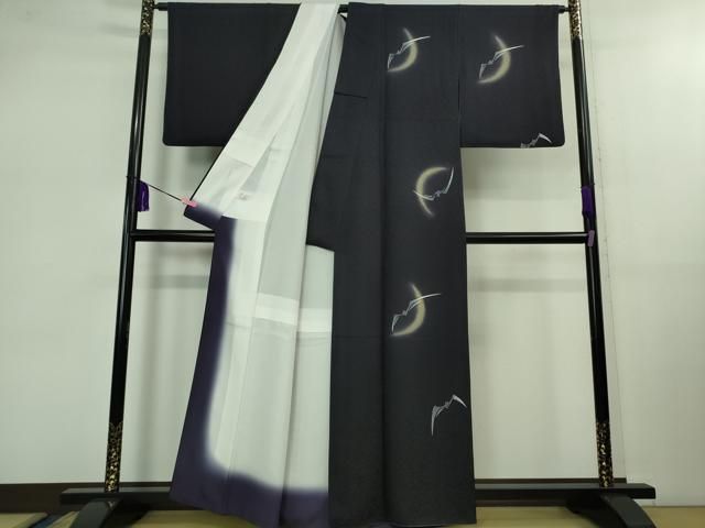 平和屋本店□極上 訪問着 コウモリ 三日月 鉄紺色地 暈し染め 金彩