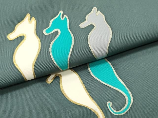 平和屋着物●塩瀬　九寸開き名古屋帯　タツノオトシゴ　藍鼠色　金銀彩　正絹　逸品　DAAT7886ob 平和屋着物○塩瀬 九寸開き名古屋帯 タツノオトシゴ 藍鼠色 金銀彩