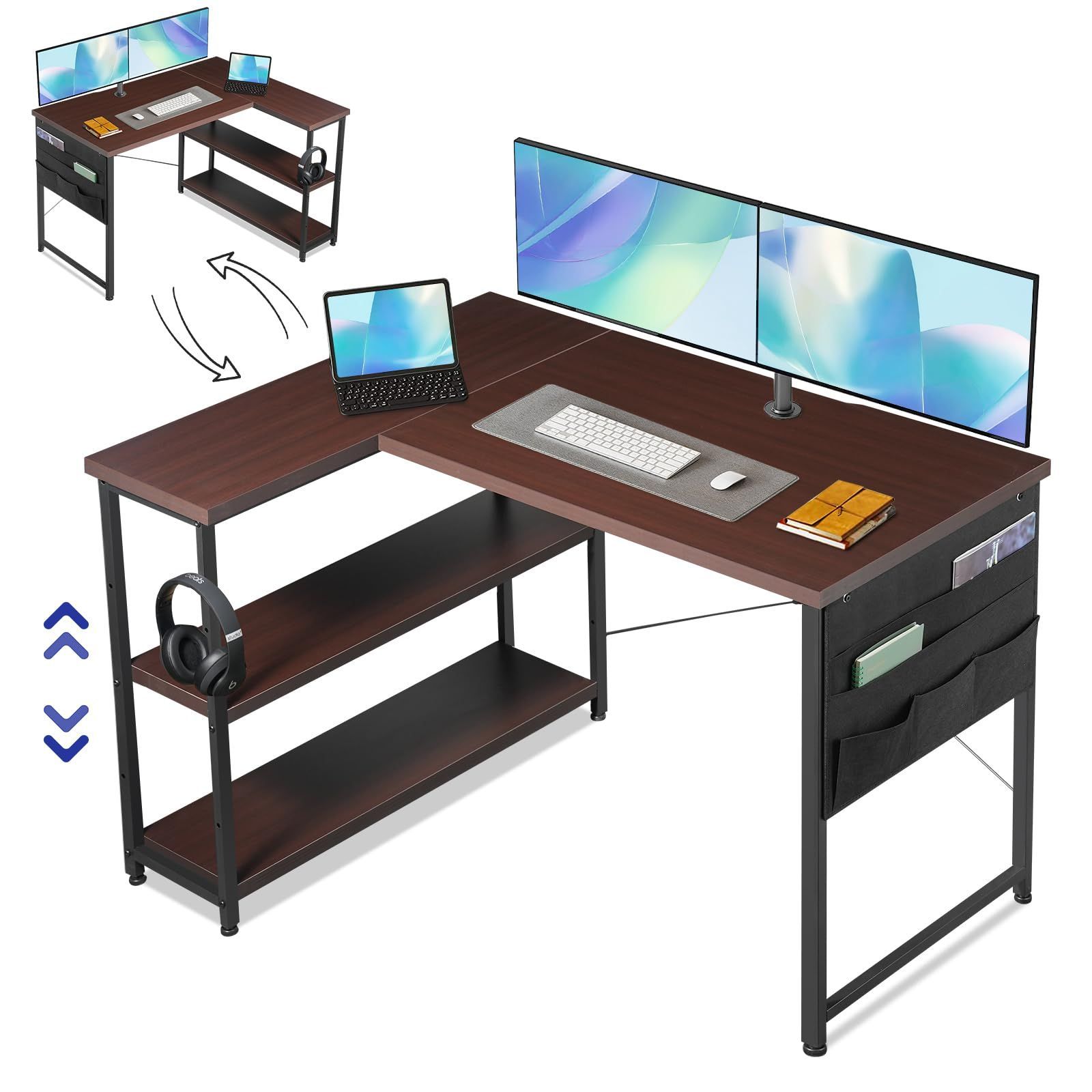 YeTom デスク l字デスク 机 pcデスク右棚左棚 幅107cm 勉強机 子 作業机 ワークデスク computer desk bn hc 学習机 収納袋付きパソコンデスク コーナーデスク ...