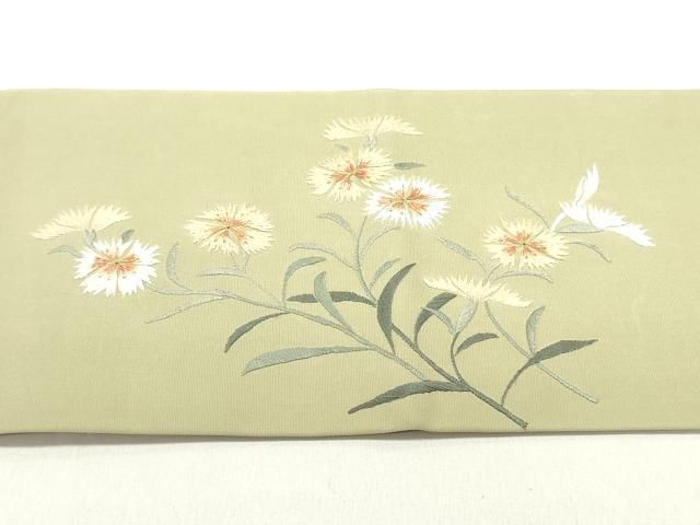 平和屋着物●塩瀬　全通柄九寸名古屋帯　型染　草花文　正絹　逸品　DAAT0464ob 平和屋着物○塩瀬 九寸名古屋帯 総刺繍 草花文 抹茶色 金糸 正絹 逸品