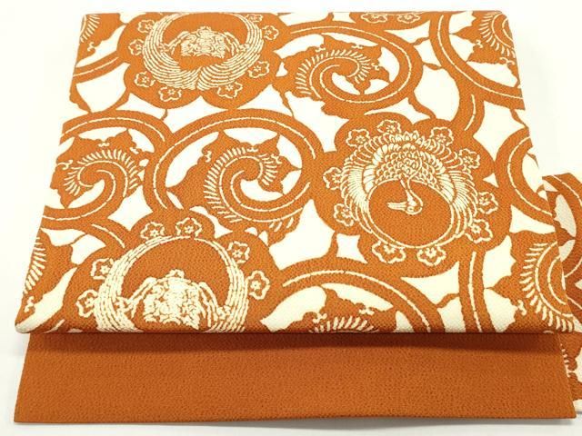 平和屋着物○全通柄九寸名古屋帯 型染め 鶴 亀 花唐草文 鬼しぼ縮緬