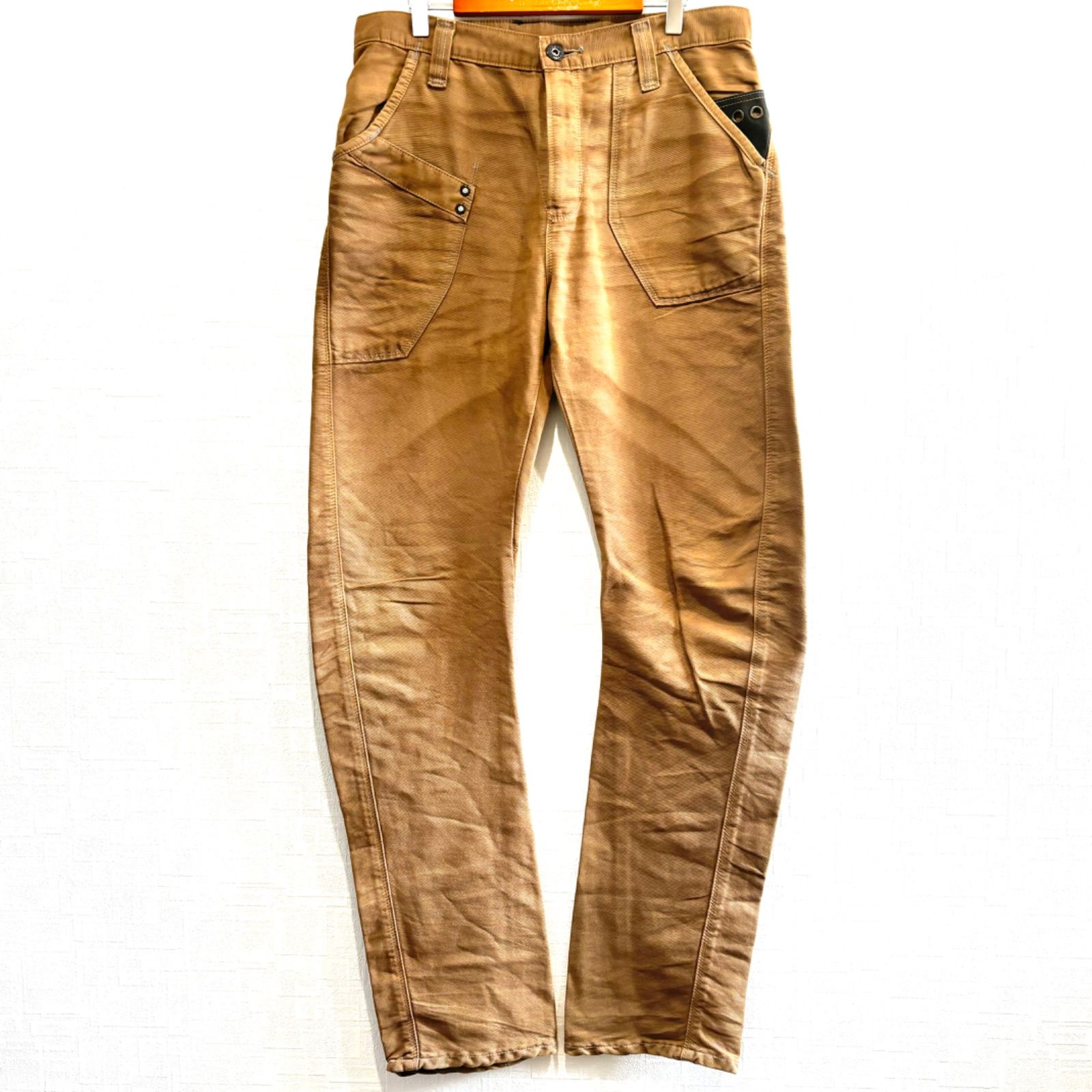 日本製 (^w^)b EDWIN エドウィン パンツ カーゴパンツ チノパン EFAD3 綿 ストレッチ ポケット 革ラベル 人工皮革 ストレート ボタンジップ 古着 茶色 ブラウン メンズ ...