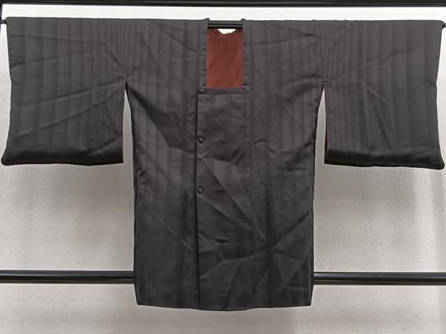 平和屋着物＃道行コート 単衣 色紋付 翁格子 鉄黒色 反端付き