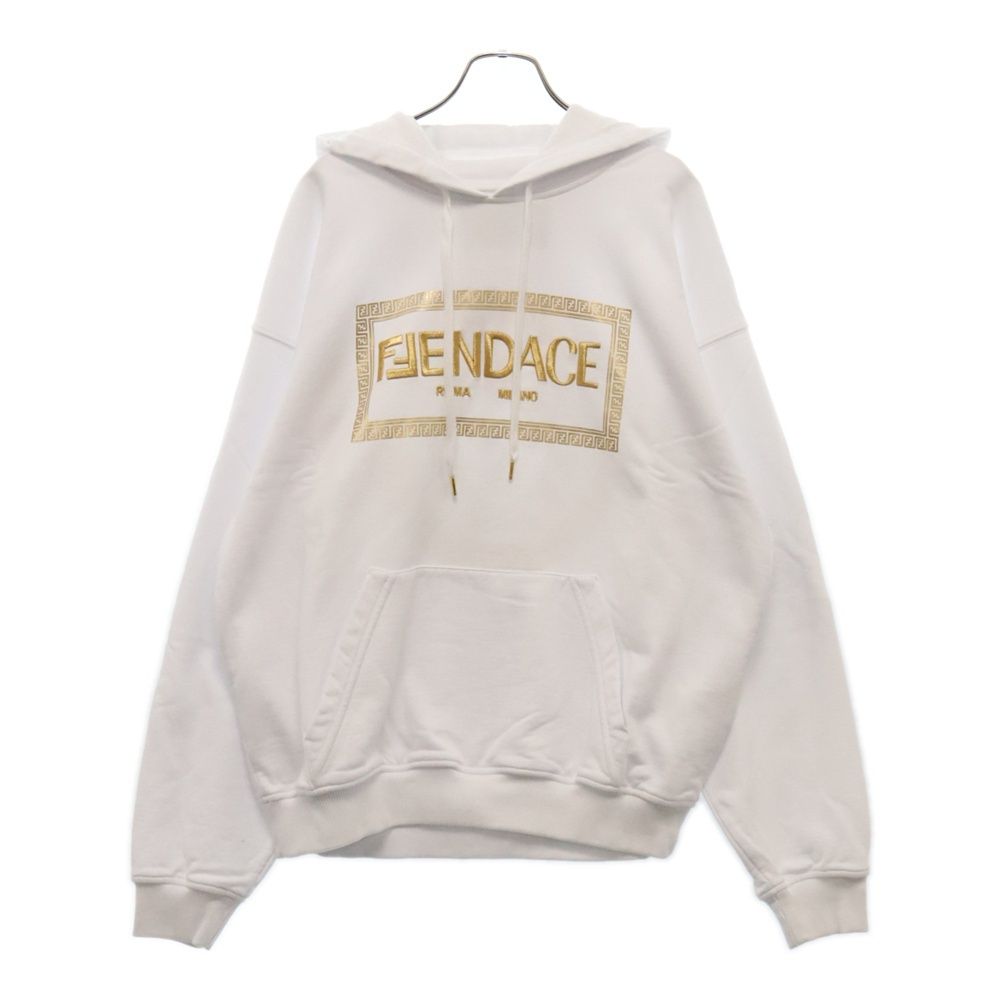 FENDI (フェンディ) × VERSACE FENDACE LOGO HOODIE ヴェルサーチ フェンダーチェ フロントロゴ刺繍 プルオーバー スウェット パーカー ホワイト ...