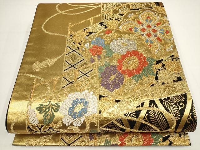 平和屋着物▽六通柄袋帯 唐織 鴛鴦花蝶文 黒地 金銀糸 正絹 逸品