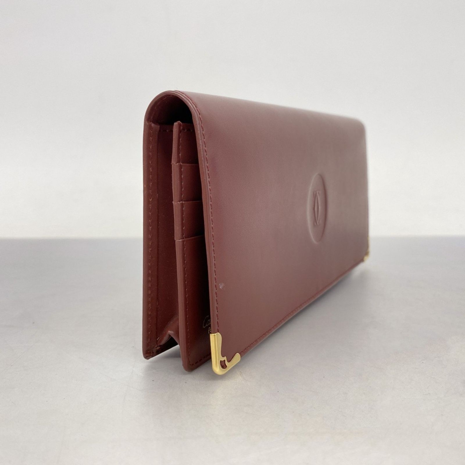 カルティエ 長札入れ マスト レザー ボルドー ゴールド金具レディース