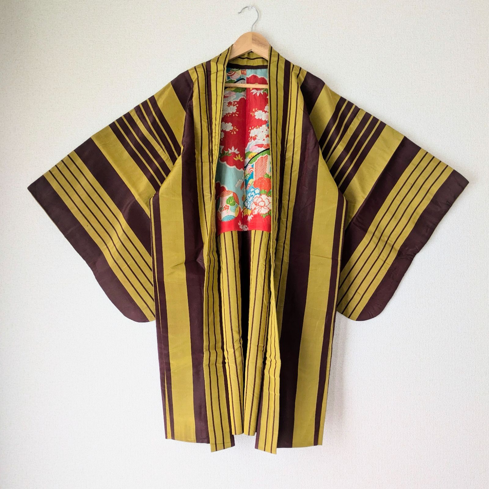 Japanese Vintage Haori Long Meisen Yellow,Brown Stripe Pattern Silk ...