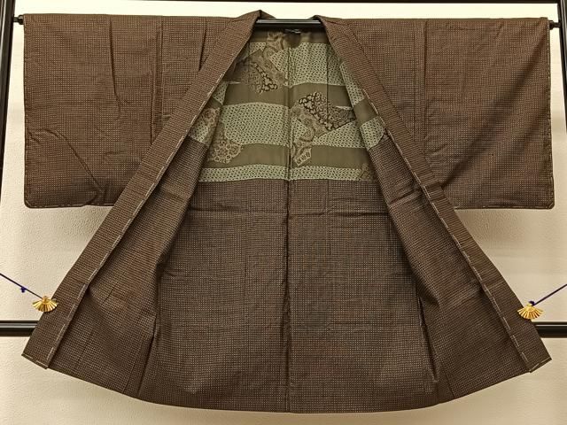 平和屋着物□極上 男性 紬 アンサンブル 色無地 黄海松茶色 逸品 未使用