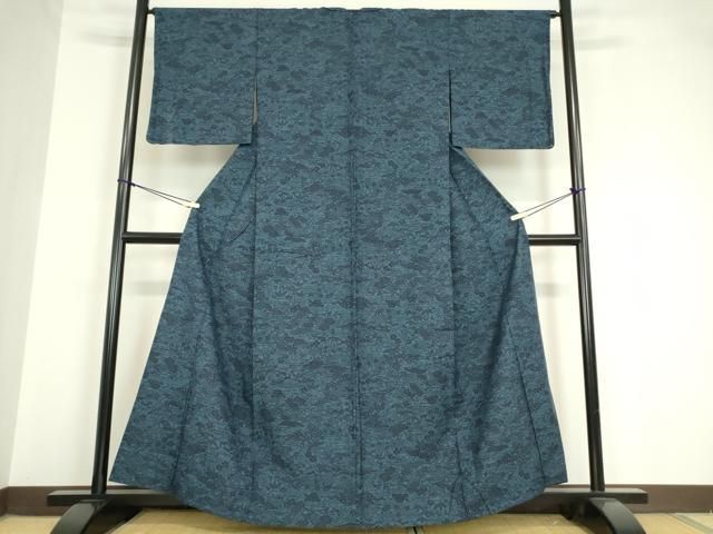 平和屋着物▽上質な小紋 単衣 紬地 藍 型染め 草花文