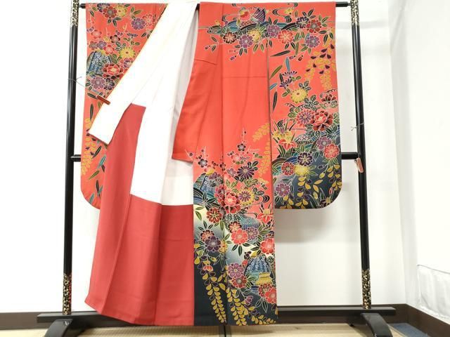 平和屋着物○紅型 振袖 雪輪花蝶文 暈し染め 正絹 逸品 AAAX0363np