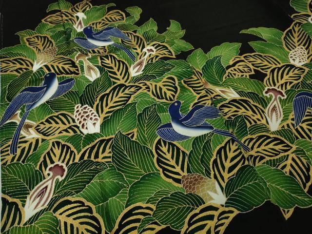 平和屋本店■超希少　東京友禅　久呂田明功　訪問着　青い鳥　松ぼっくり　鬼しぼ縮緬　黒地　金彩　逸品　未使用　DZAA4279kh5 平和屋本店□超希少 東京友禅 久呂田明功 訪問着 青い鳥 松ぼっくり 鬼