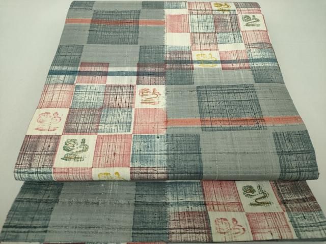 平和屋着物○九寸開き名古屋帯 生紬 変わり市松 正絹 逸品 未使用