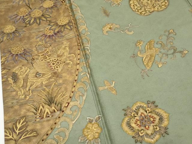 平和屋本店■極上　紋屋井関　十九代　井関宗麟　訪問着　お召地　刺繍　狩猟文　金彩　利休色地　逸品　CYAA3497s5 平和屋本店□極上 紋屋井関 十九代 井関宗麟 訪問着 お召地 刺繍 狩猟